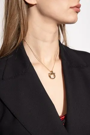 FERRAGAMO Brass Necklace With Crystal Logo Charm - Gold
