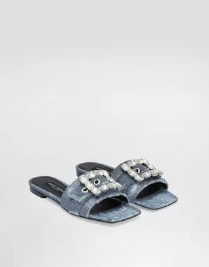Dolce & Gabbana Patchwork Denim Slides With Rhinestone Buckle