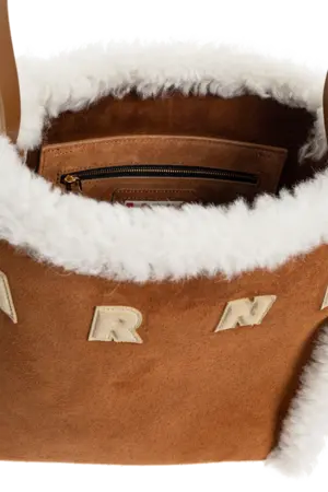 Marni Leather Shopper Tote With Fur Trim