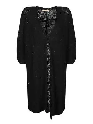 120% Lino Long Cardigan With Bead Detailing - Black