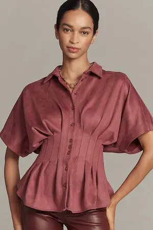 EXQUISE Tobie Waisted Button-down Shirt Top - Plum