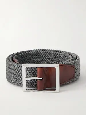Berluti 3.5cm Leather-trimmed Woven Elastic Belt - Gray