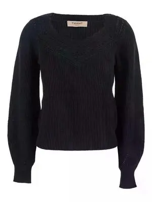 TWINSET Ribbed Knit V-neck Sweater With Embroidered Collar