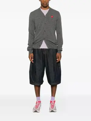 Play Comme Des Garcon Logo Heart-emblem V-neck Cardigan - Grey