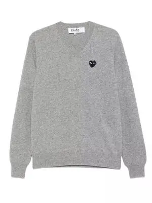 Play Comme Des Garcon Heart-embellished V-neck Sweater - Grey