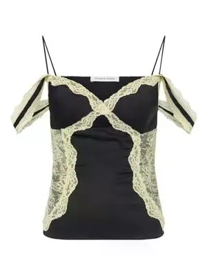 MARINE SERRE Lace-trimmed Off-shoulder Satin Top - Black