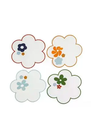 MISETTE Flower-shaped Embroidered Linen Coasters - Neutrals