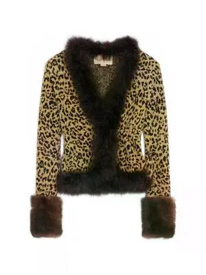 Valentino Garavani Jacquard Animal Print Lurex Knit Jacket With Feather Trim - Yellow