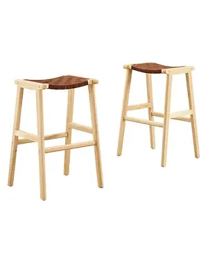 MODWAY Saoirse Leather Wood Bar Stool, Set Of 2 - Natural Brown