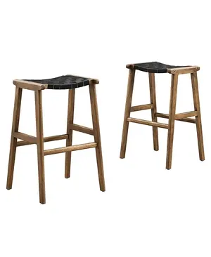 MODWAY Saoirse Leather Wood Bar Stool, Set Of 2 - Walnut Black