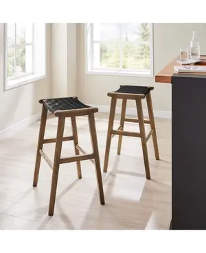 MODWAY Saoirse Leather Wood Bar Stool, Set Of 2