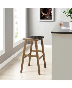 MODWAY Saoirse Leather Wood Bar Stool, Set Of 2