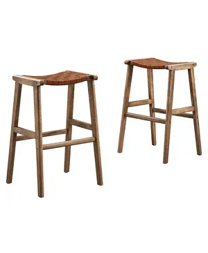 MODWAY Saoirse Leather Wood Bar Stool, Set Of 2 - Walnut Brown