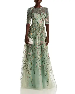 Rickie Freeman For Teri Jon Floral Embroidered Tulle Elbow Sleeve Gown