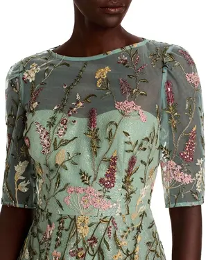 Rickie Freeman For Teri Jon Floral Embroidered Tulle Elbow Sleeve Gown
