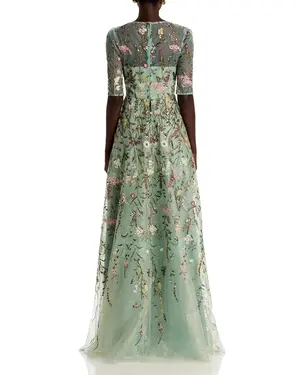 Rickie Freeman For Teri Jon Floral Embroidered Tulle Elbow Sleeve Gown