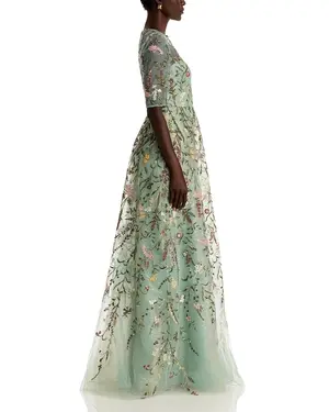 Rickie Freeman For Teri Jon Floral Embroidered Tulle Elbow Sleeve Gown