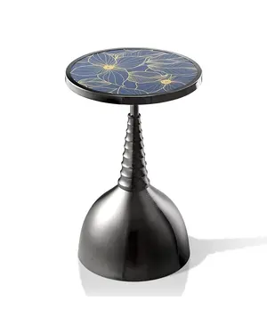FURNITURE OF AMERICA Knoll 16 Iron Round End Table With Botanical Print Top And Dome Base - Black Nickel