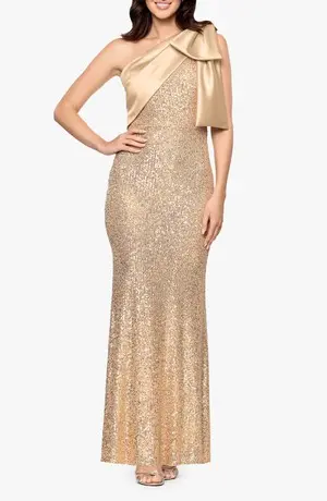 Betsy & Adam Sequin Bow One-shoulder Column Gown - Champagne