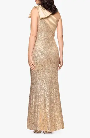 Betsy & Adam Sequin Bow One-shoulder Column Gown - Champagne