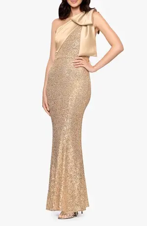 Betsy & Adam Sequin Bow One-shoulder Column Gown - Champagne
