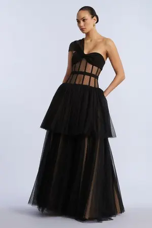 Bcbgmaxazria Dotted Tulle One-shoulder Gown