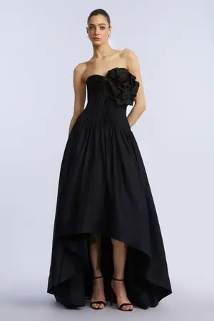 Bcbgmaxazria Taffeta High-low Gown With Floral Appliqu