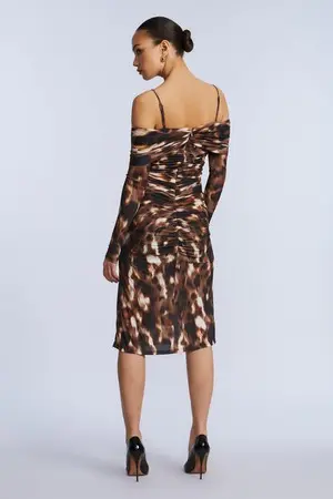 Bcbgmaxazria Printed Stretch Mesh Off-shoulder Midi Dress