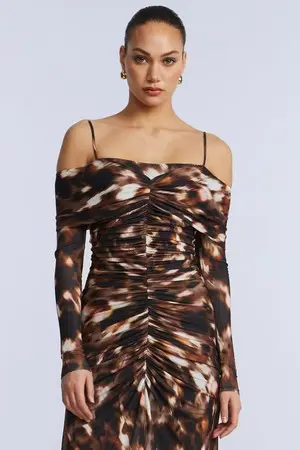Bcbgmaxazria Printed Stretch Mesh Off-shoulder Midi Dress