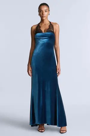 Bcbgmaxazria Lace Velvet Halter Gown