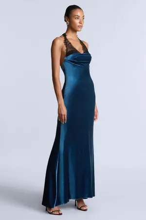 Bcbgmaxazria Lace Velvet Halter Gown