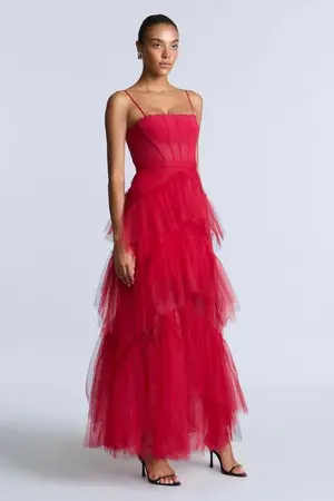Bcbgmaxazria Oly Tiered Ruffle Tulle Evening Gown