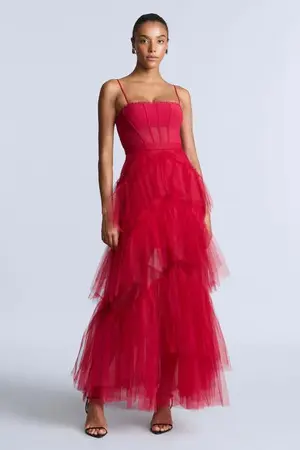 Bcbgmaxazria Oly Tiered Ruffle Tulle Evening Gown - Red