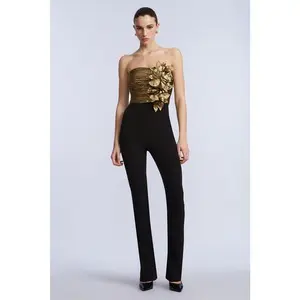 Bcbgmaxazria Strapless Metallic Lamé Jumpsuit With Floral Appliqu - Gold & Black Combo