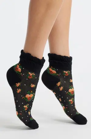 STEMS Anna Floral Ruffle Ankle Socks Black
