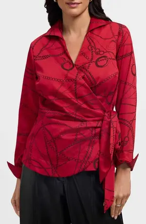 Foxcroft Salina Print Wrap Shirt - Red/black
