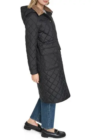 LEVI'S Diamond Quilted Hooded Long Coat - Black