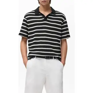 Mango Textured Stripe Johnny Collar Polo - Black