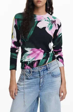 Desigual Floral Fine Gauge Crewneck Sweater - Black