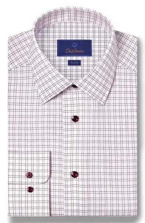 David Donahue Trim Fit Dobby Check Dress Shirt - White/merlot