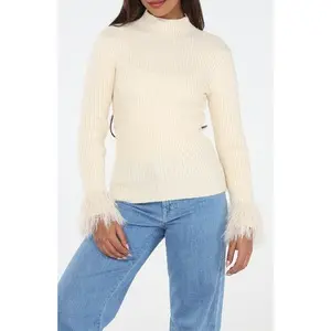RAIN AND ROSE Faux Feather Cuff Ribbed Sweater - Cream