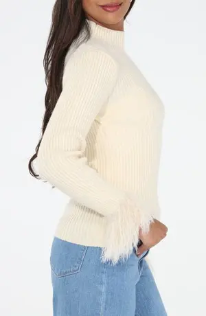 RAIN AND ROSE Faux Feather Cuff Ribbed Sweater - Cream