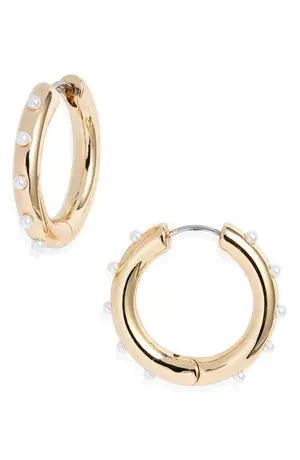 OPEN EDIT Cultured Pearl Studded Hoop Earrings - White- Gold