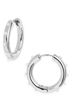 OPEN EDIT Cultured Pearl Studded Hoop Earrings - White- Silver