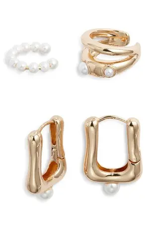 OPEN EDIT Set Of Cultured Pearl Ear Cuffs & Hoop Earrings - White- Gold