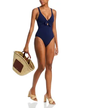 Robin Piccone Ava Plunge Neck Tie-front One-piece Swimsuit - Navy