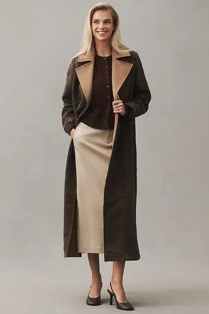 Avec Les Filles Belted Plaid Long Coat Jacket