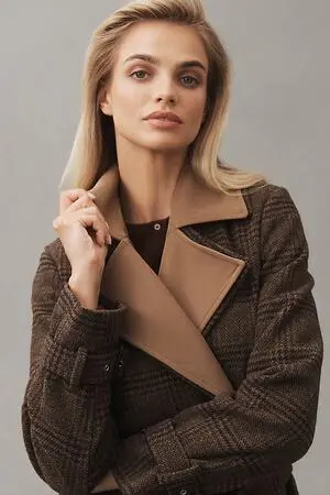 Avec Les Filles Belted Plaid Long Coat Jacket