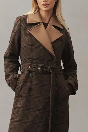 Avec Les Filles Belted Plaid Long Coat Jacket