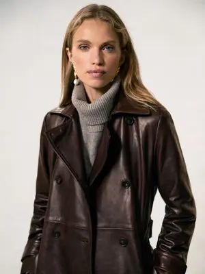 REISS Hattie Leather Double-breasted Trench Coat
